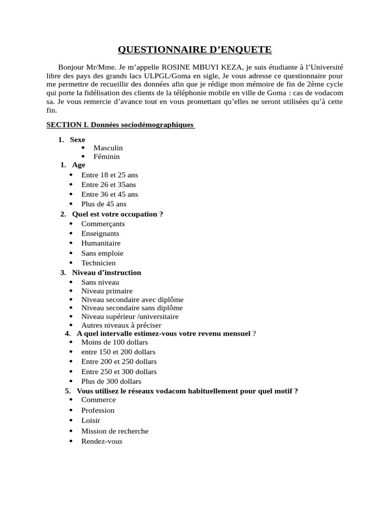 Questionnaire Rosine | PDF