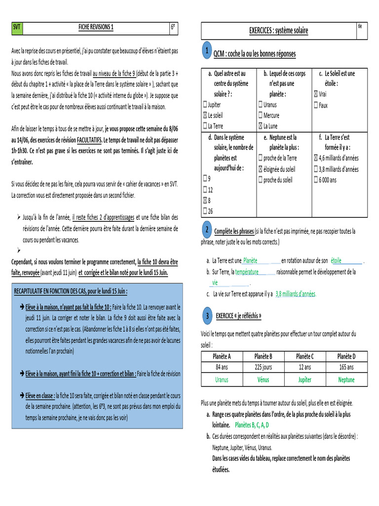 Exercices corrigés SVT 6ème : Système solaire | PDF | Tremblements de ...