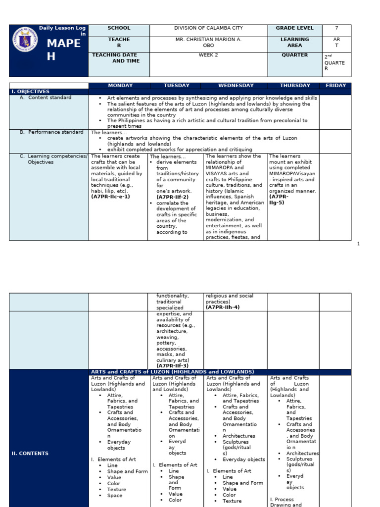 Q2 Grade 7 Arts DLL Week 2 | PDF