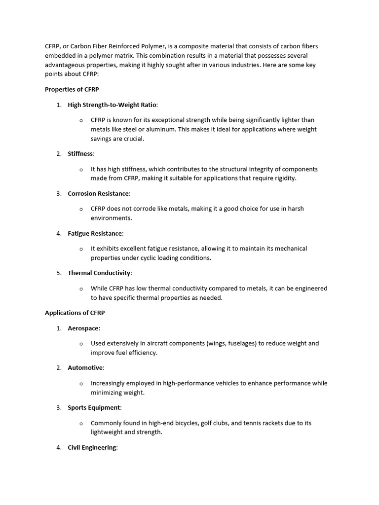 Properties of CFRP High Strength-to-Weight Ratio | PDF