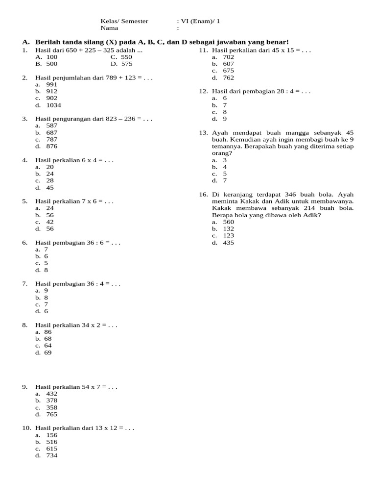 Soal UAS 1 MTK 1 Kls 6 | PDF