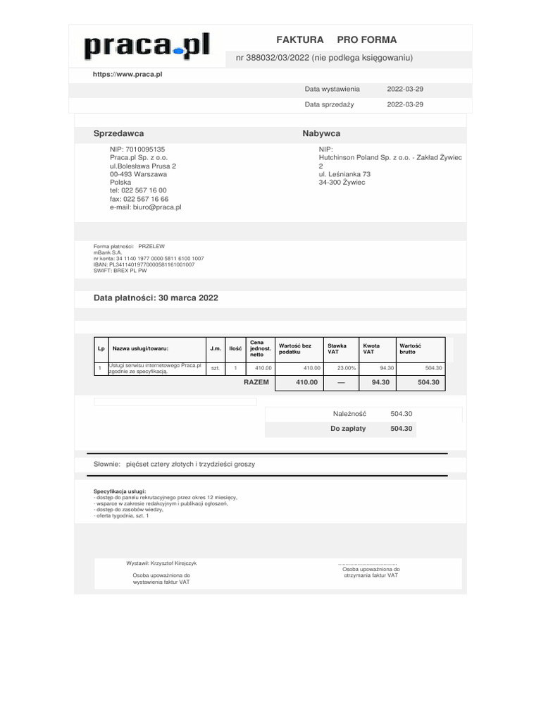 Faktura Proforma 388032 03 2022 Praca PL | PDF
