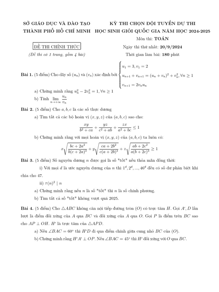 De Chon Doi Tuyen Thi HSG QG Mon Toan THPT Nam 2024 2025 So GDDT TP HCM | PDF