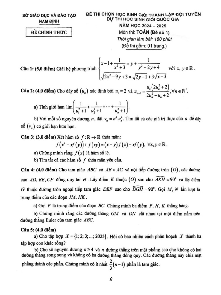 De Chon Doi Tuyen Thi HSG QG Mon Toan THPT Nam 2024 2025 So GDDT Nam Dinh | PDF