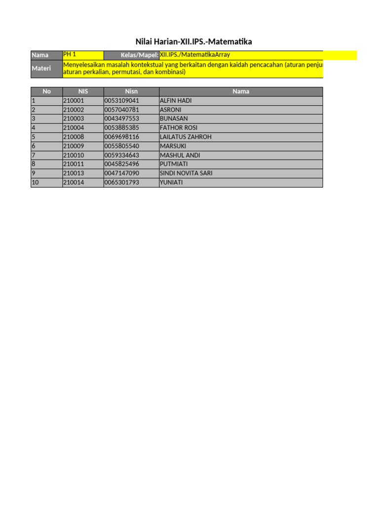 Nilai Harian XII - Ips. Matematika | PDF