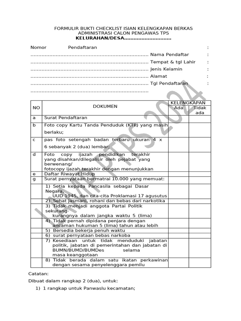Formulir Bukti Checklis Berkas Calon PTPS | PDF
