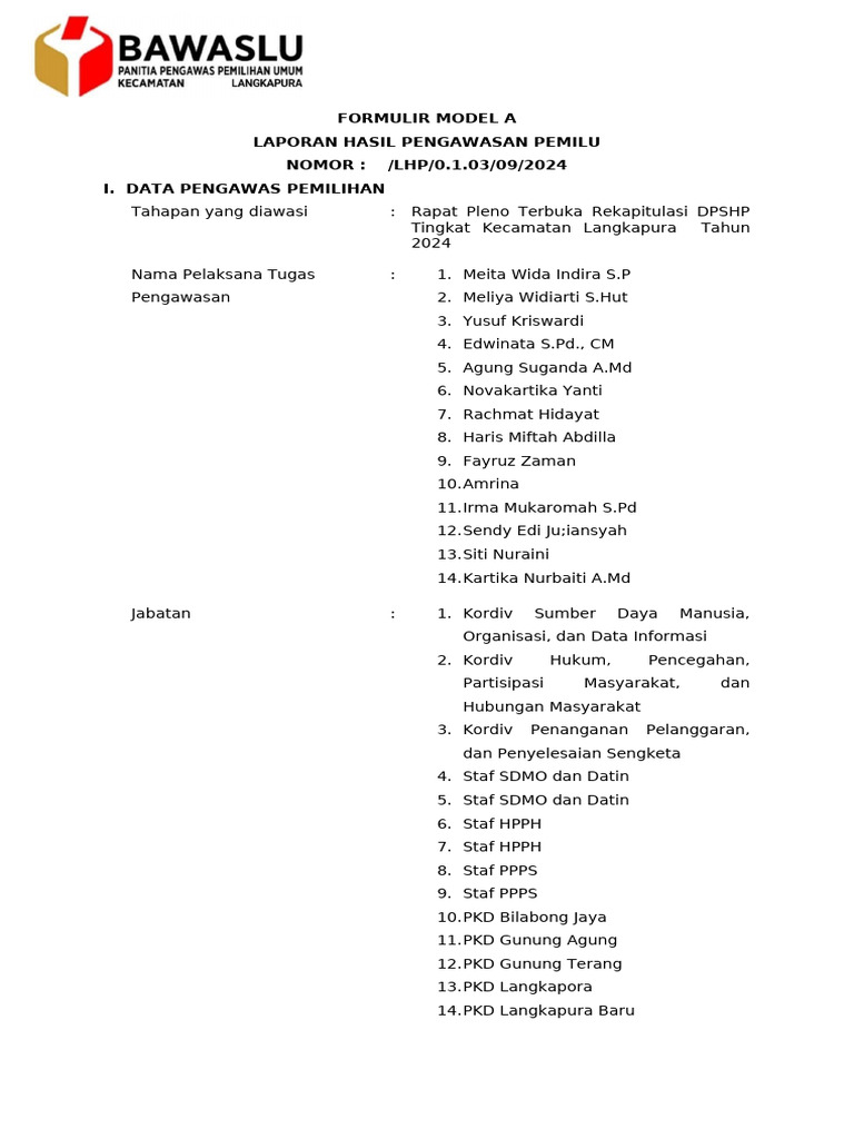 Formulir Model A Rapat Pleno DPSHP PPK 10 September | PDF