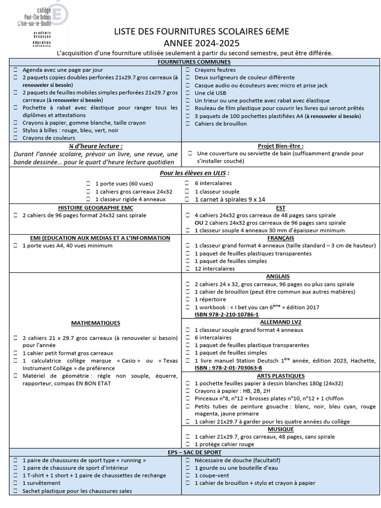 Liste Des Fournitures Scolaires 6EME 2024 2025 | PDF