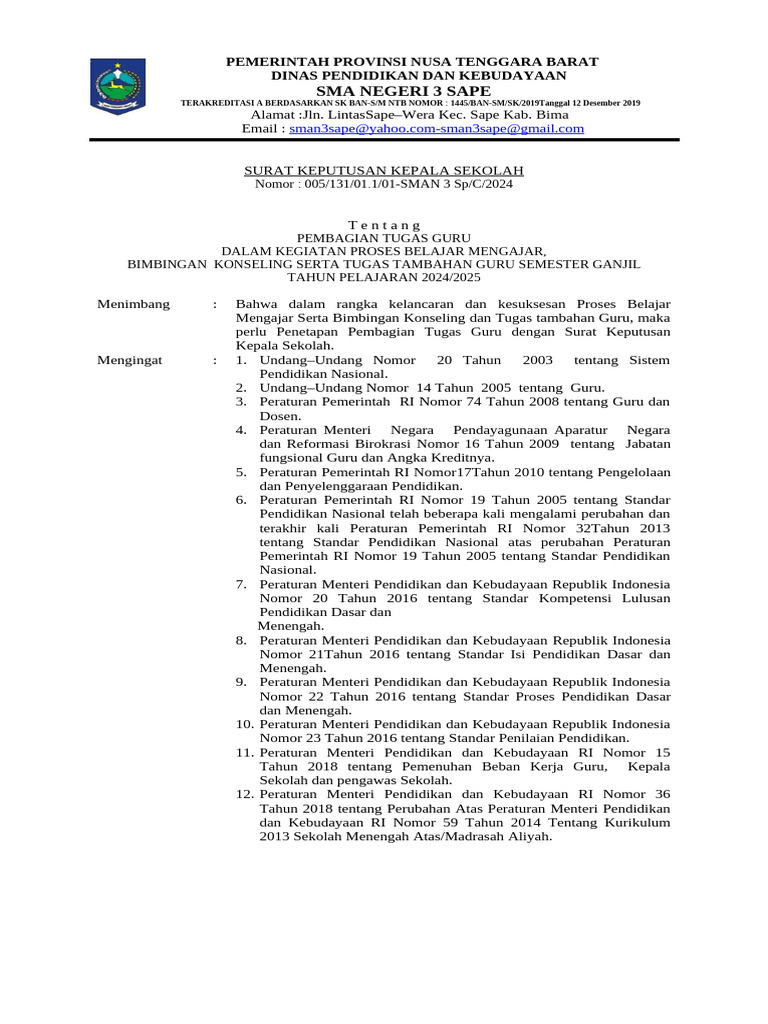 Konsideran SK Pembagian Tugas TP 2024-2025 | PDF