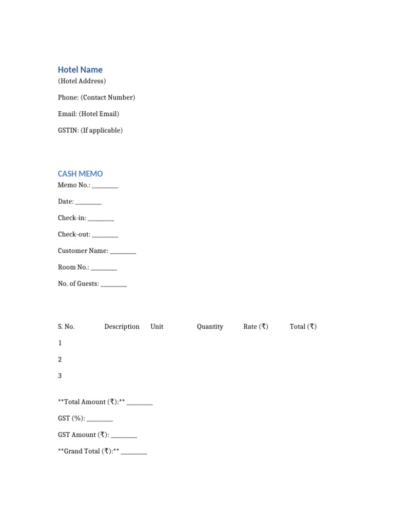 Hotel Cash Memo Format | PDF