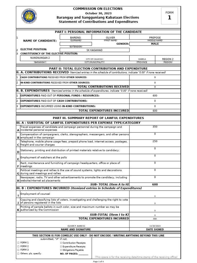 N2 Oliver P. Bareng Soce 2023 Bske | PDF | Expense | Signature