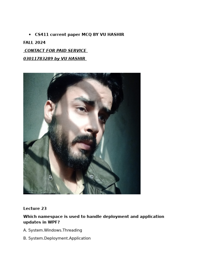 CS411 CURRENT PAPER SOLVED BY VU HASHIR 2o24 | PDF | Windows Presentation Foundation ...