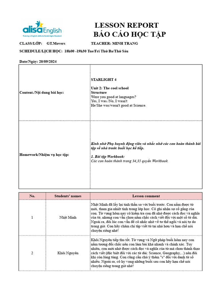 Lesson Report (Báo Cáo Học Tập) - GT.movers.nht - Google Trang Tính | PDF