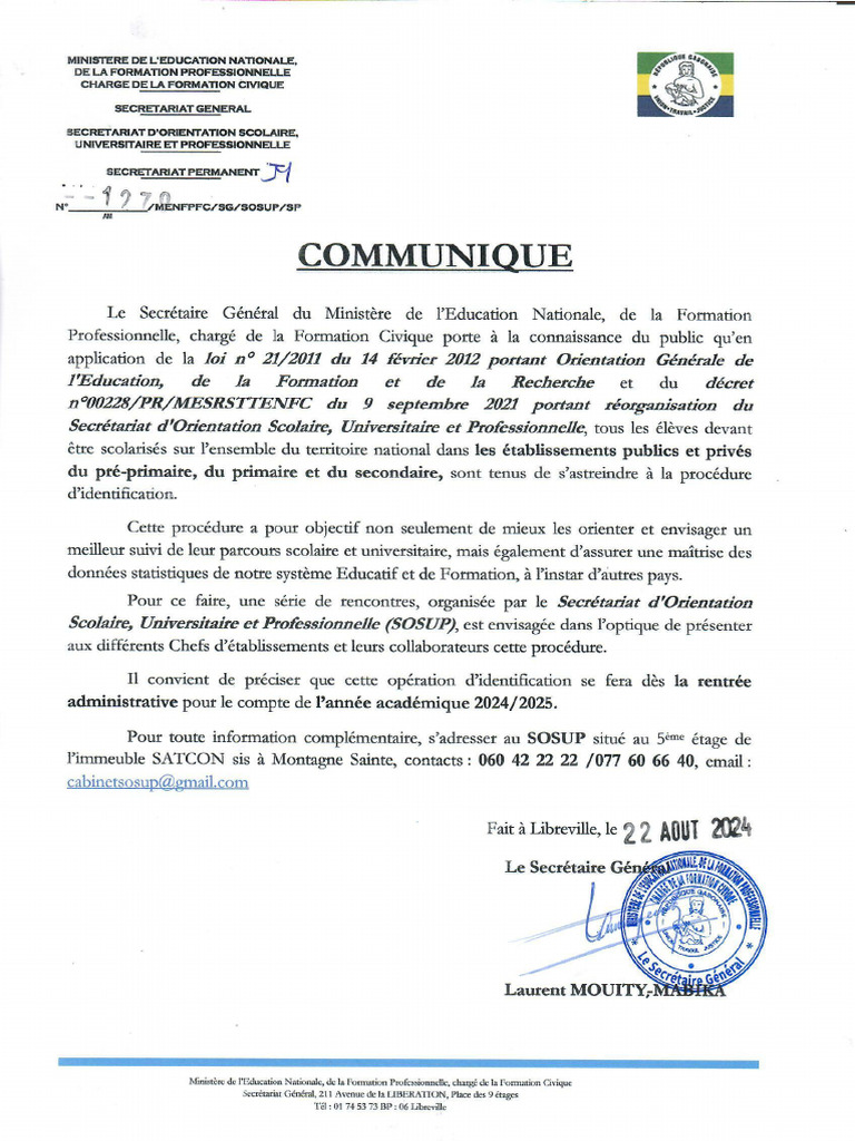 COMMUNIQUE - Identification de L'élève-Fiche - 0001 - 0001 | PDF