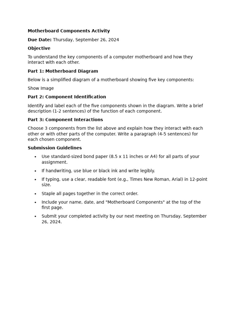 Motherboard Components Activity | PDF