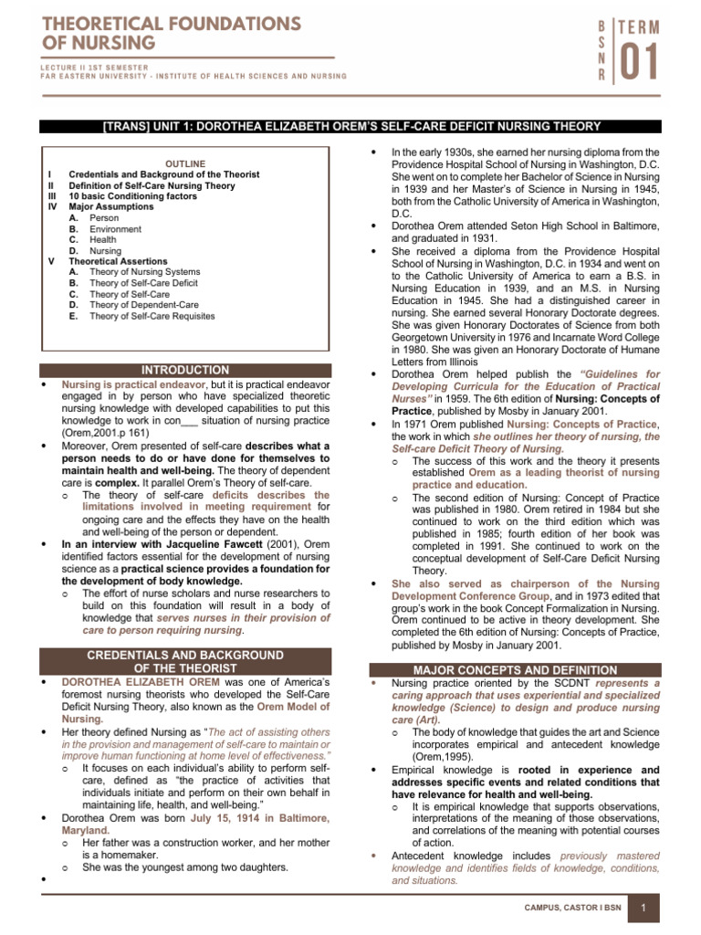 TFN - Lec-8 - Dorothea Elizabeth Orems Self Care Deficit Nursing Theory | PDF