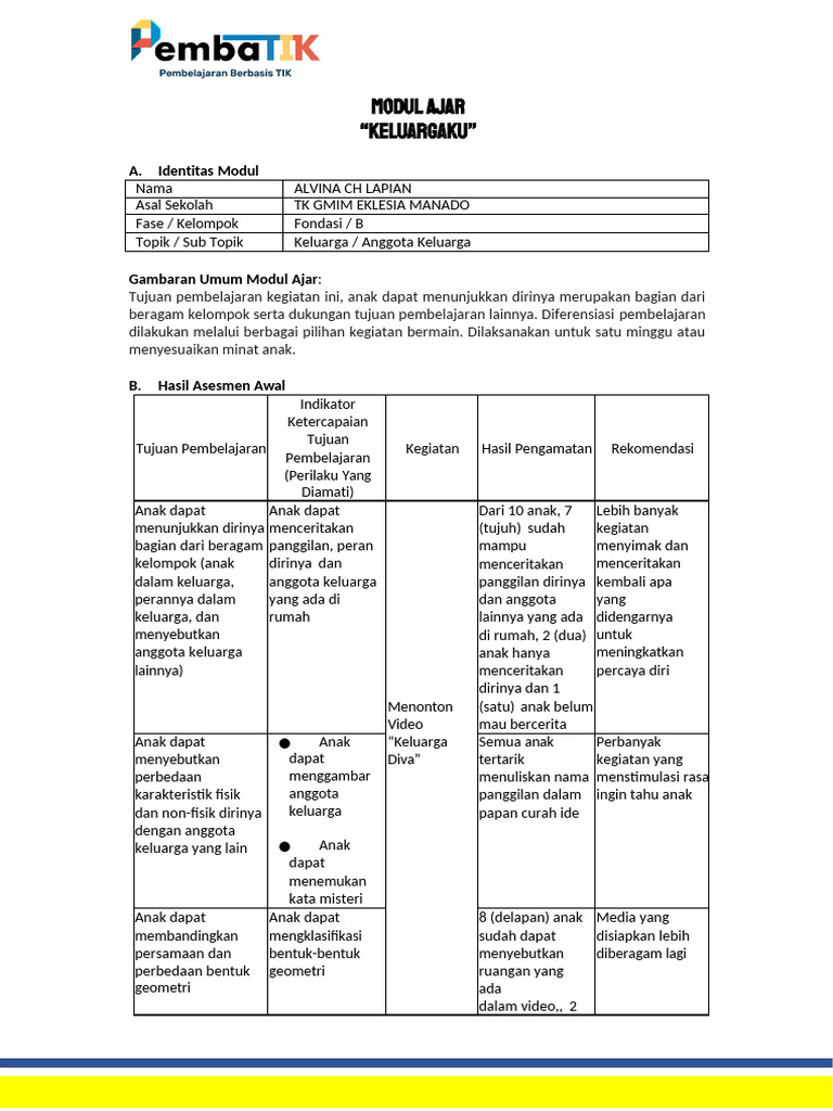 Modul Ajar PAUD - Keluargaku - Fase Fondasi - MPWG6rkZpY | PDF