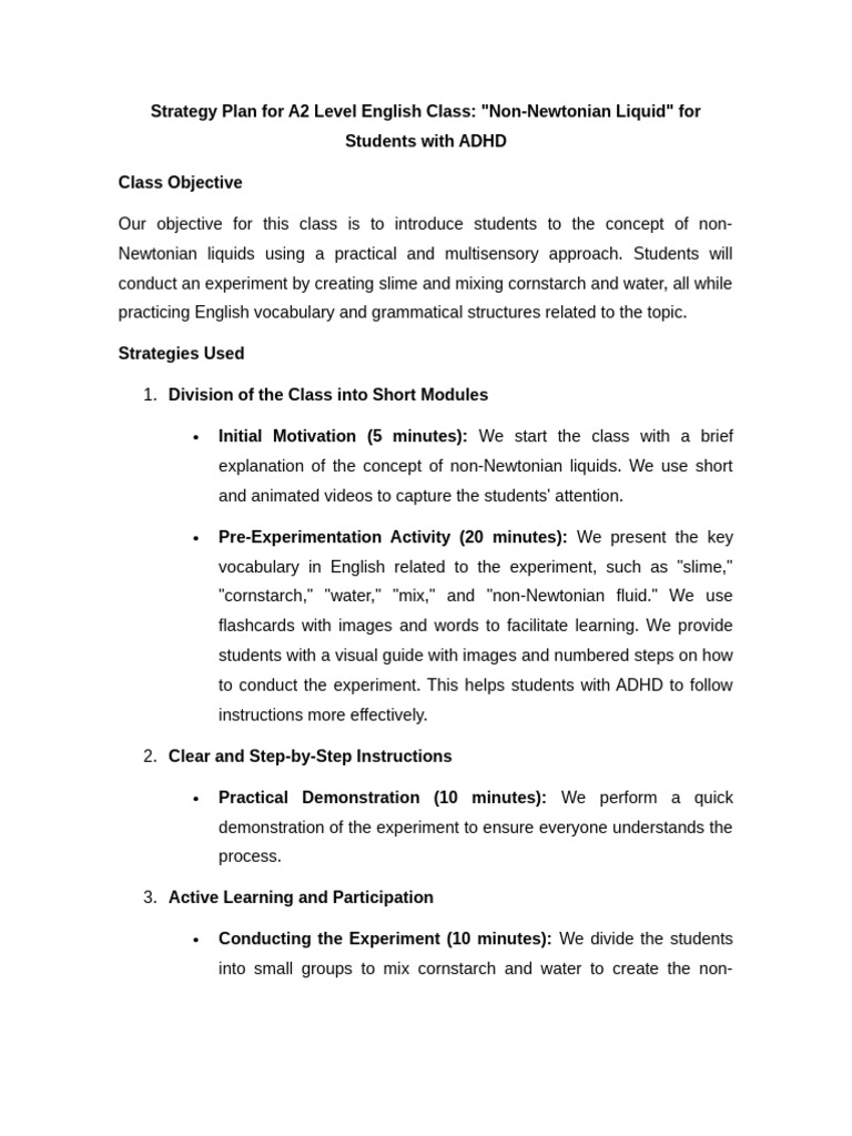 Strategy Plan For A2 Level English Class: "Non-Newtonian Liquid" For ...