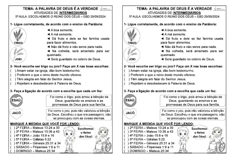 5a Aula - Atividade2 - INT - A Palavra de Deus e A Verdade - Escolhemos o Reino Dos Ceus ...
