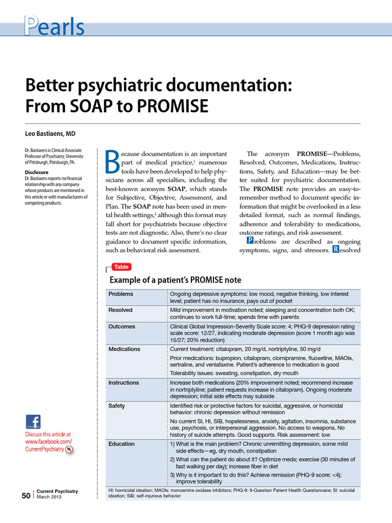 Better Psychiatric Documentation - From SOAP To PROMISE | PDF