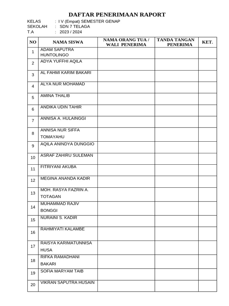 Daftar Penerimaan Raport 2023-2024 Edittttttt | PDF
