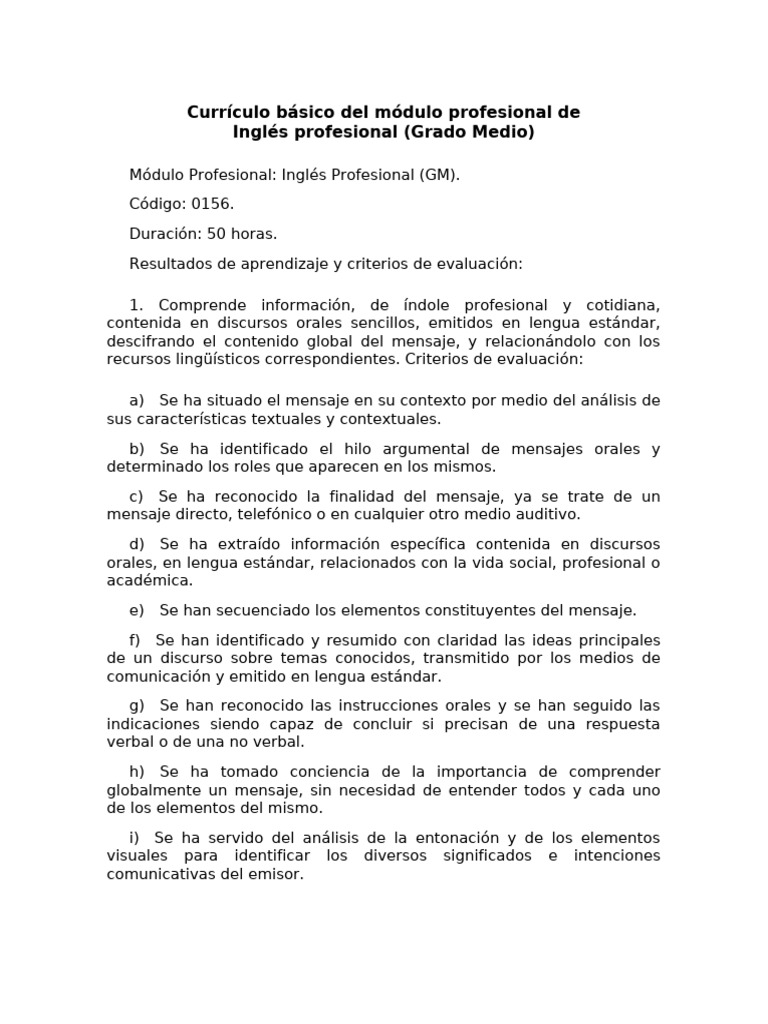 Currículo Básico Del Módulo Profesional de Inglés Profesional | PDF
