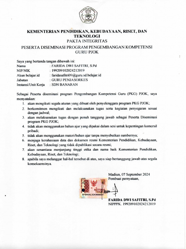 Pakta Integritas PKG | PDF