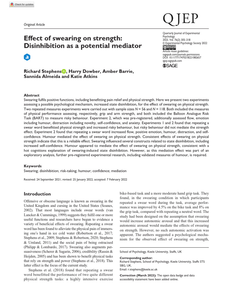 Effect of Swearing On Strength | PDF | Attention | Psychology