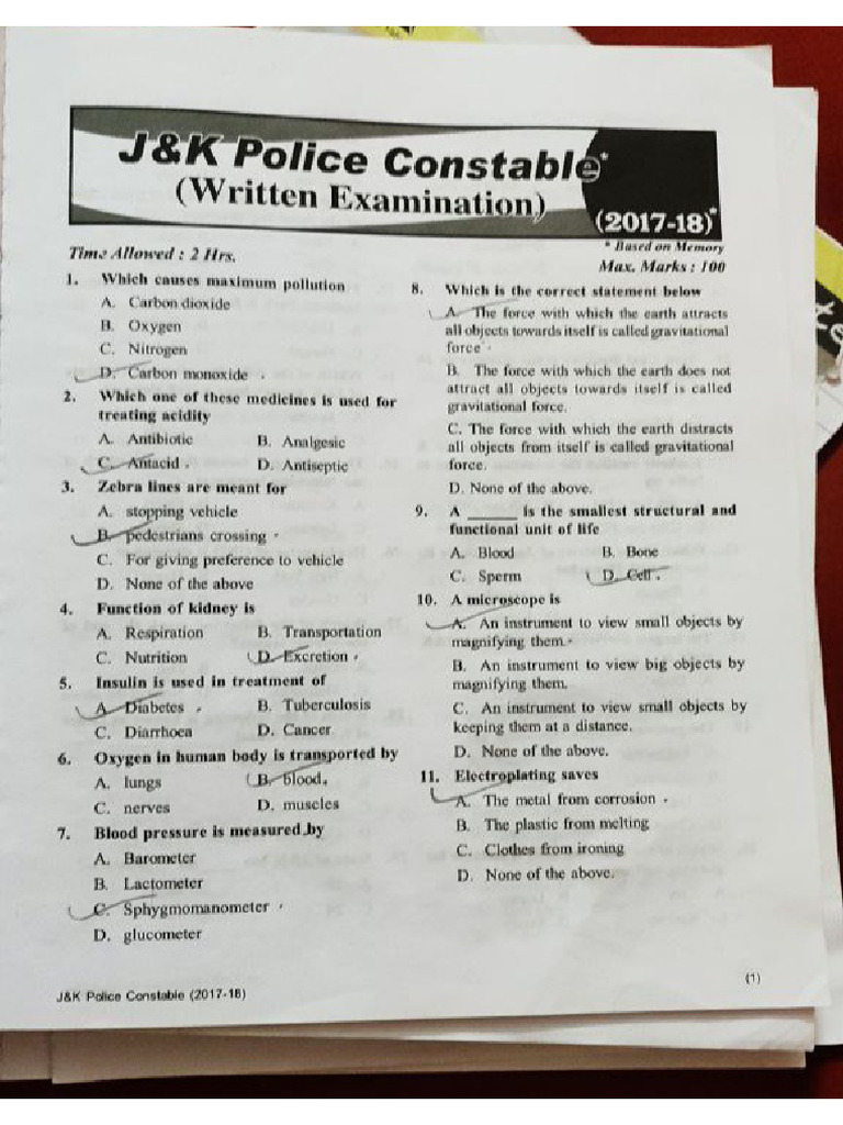 JKP 2018 Constable Question Paper | PDF