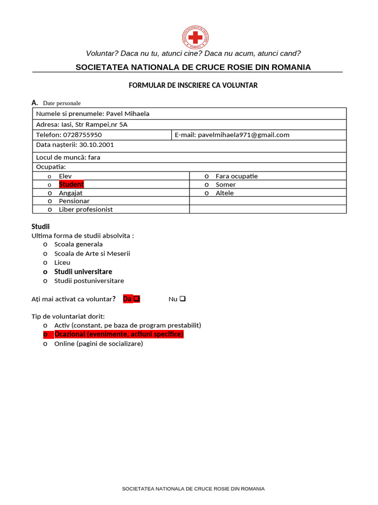 Formular de Inscriere Ca Voluntar | PDF