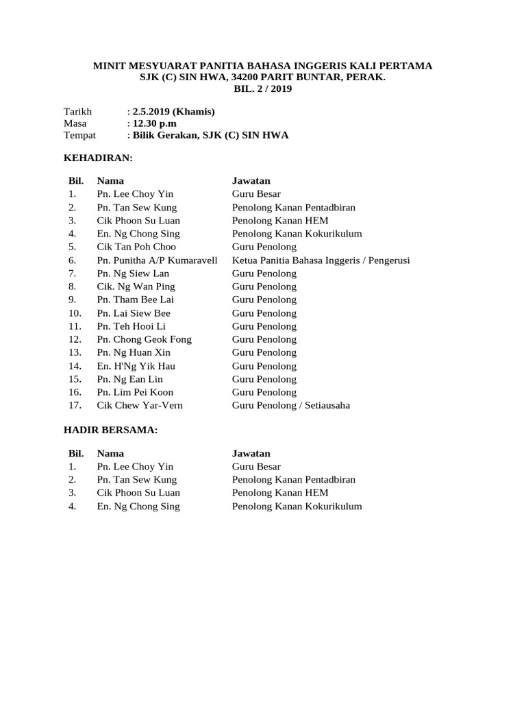 Minit Mesyuarat Panitia Bahasa Inggeris 2 2019 | PDF
