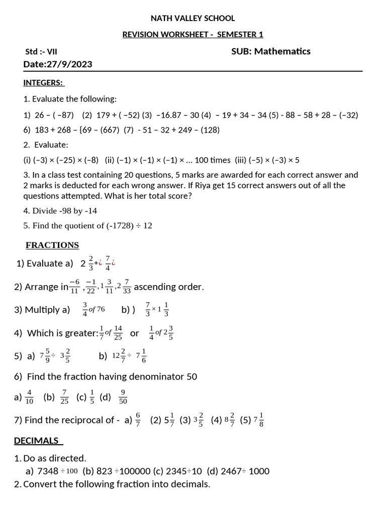 7th Sem1 Revision Worksheet | PDF