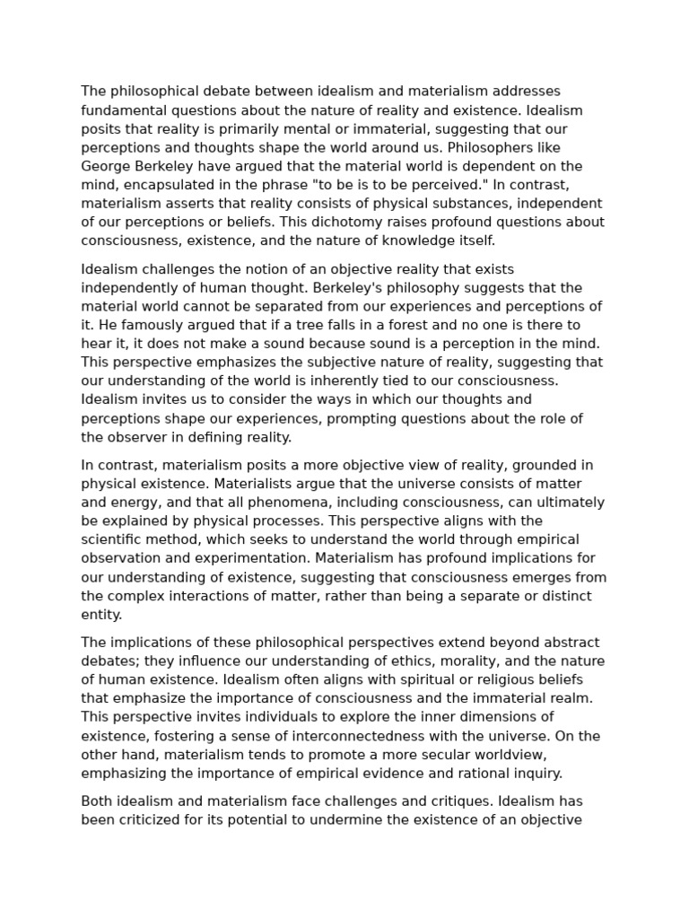 The Nature of Reality Idealism Vs Materialism | PDF