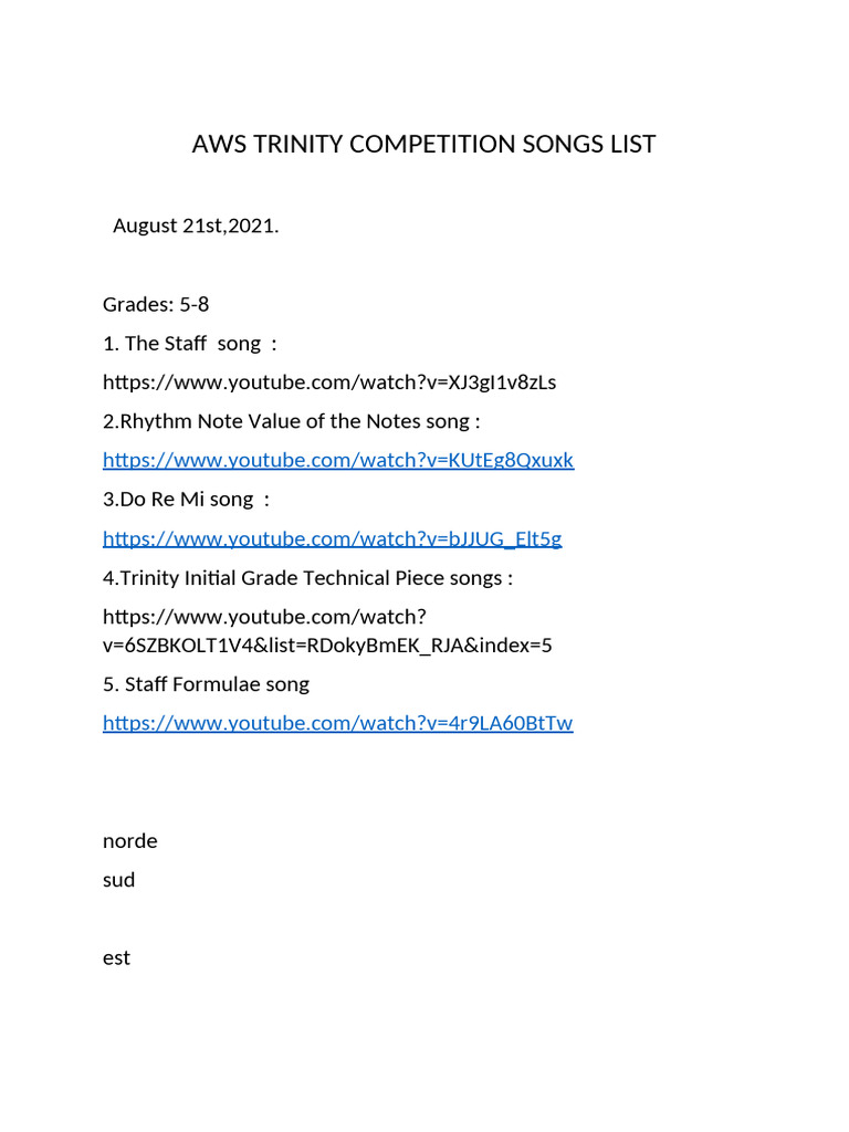 Trinity Solo Songing Songs List | PDF