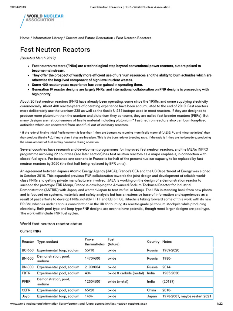 Fast Neutron Reactors - FBR - World Nuclear Association | PDF