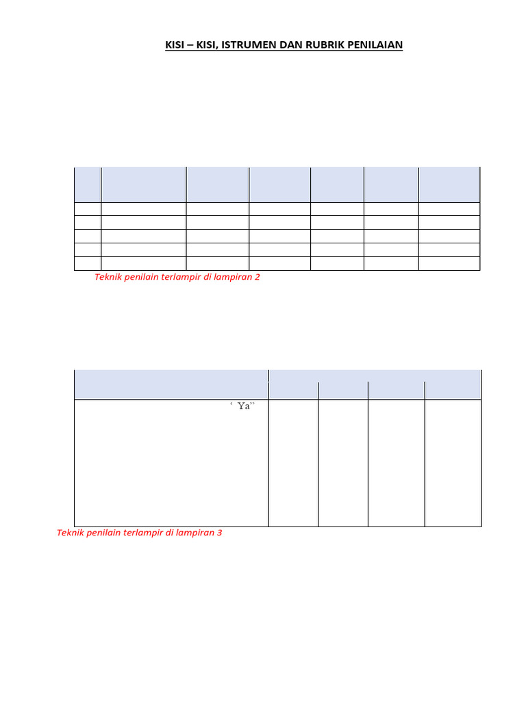 Kisi - Kisi Instrumen Dan Rubrik Penilaian | PDF