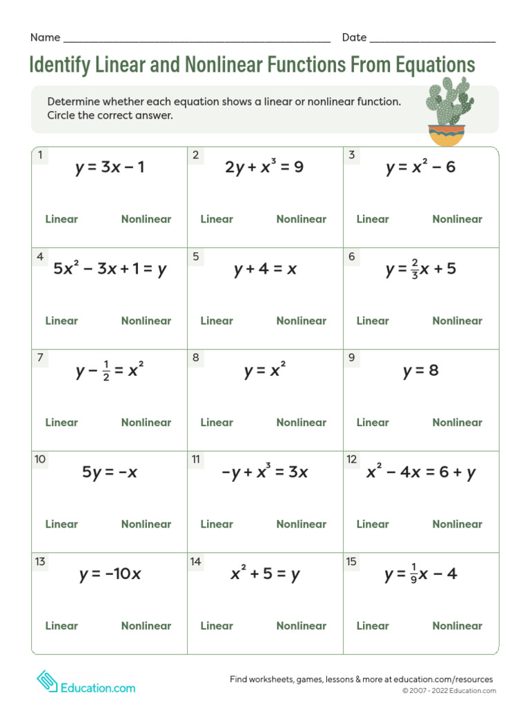Identify Linear and Nonlinear Functions From Equations | PDF