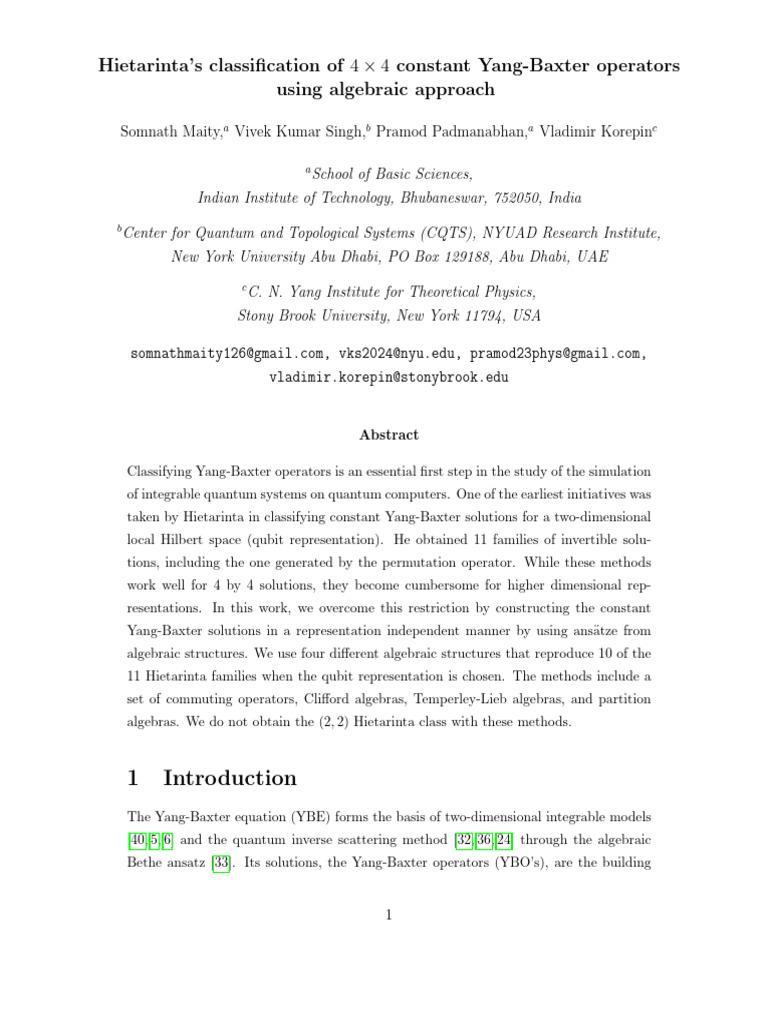 Hietarinta's Classification of Constant Yang-Baxter Operators Using Algebraic Approach | PDF