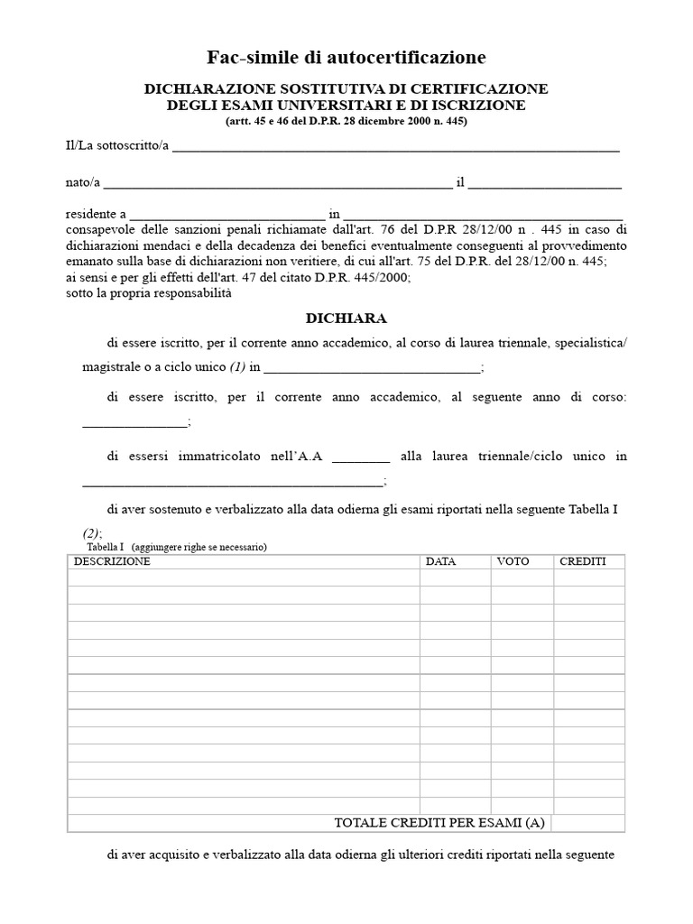 Modulo Autocertificazione | PDF