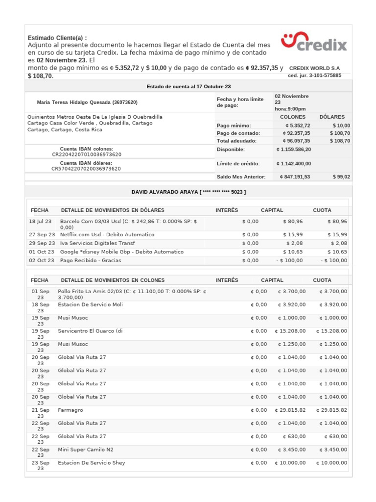 Estimado Cliente (A) :: Estado de Cuenta Al 17 Octubre 23 | PDF