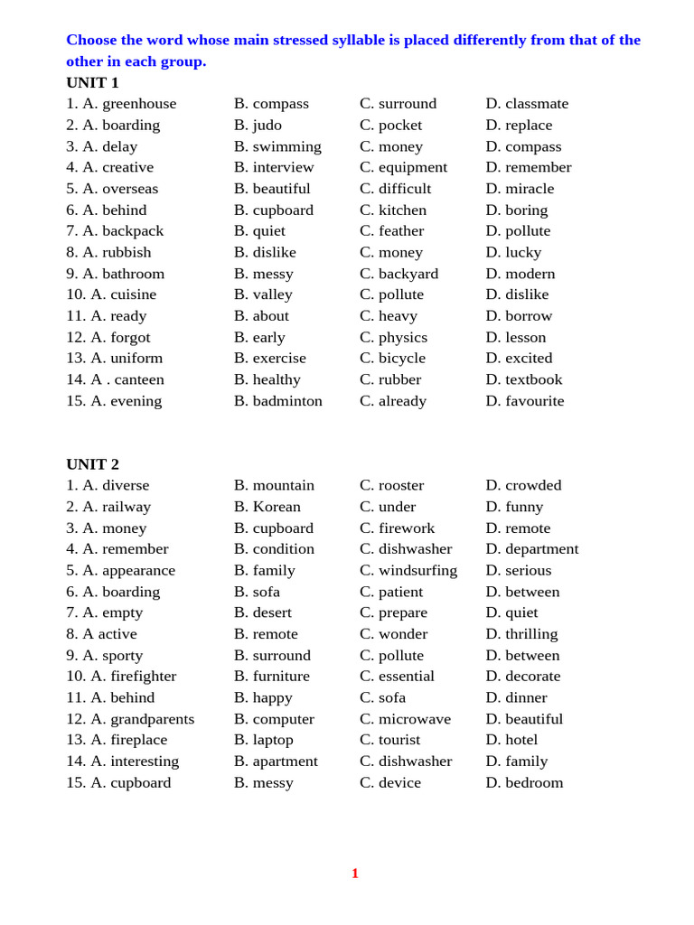 Bài tập Anh 6 theo chuyên đề 2. TRỌNG ÂM E6 (UNIT 1-6) | PDF