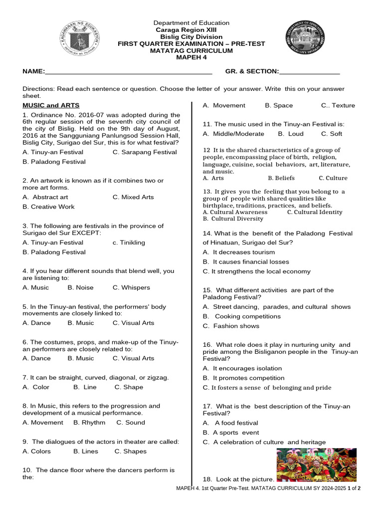 MAPEH4 Q1 TQs. Pre Test MATATAG | PDF