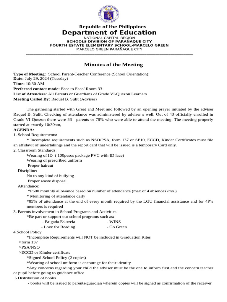 1st MINUTES OF THE MEETING PARENT ORIENTATION JULY 302024 | PDF