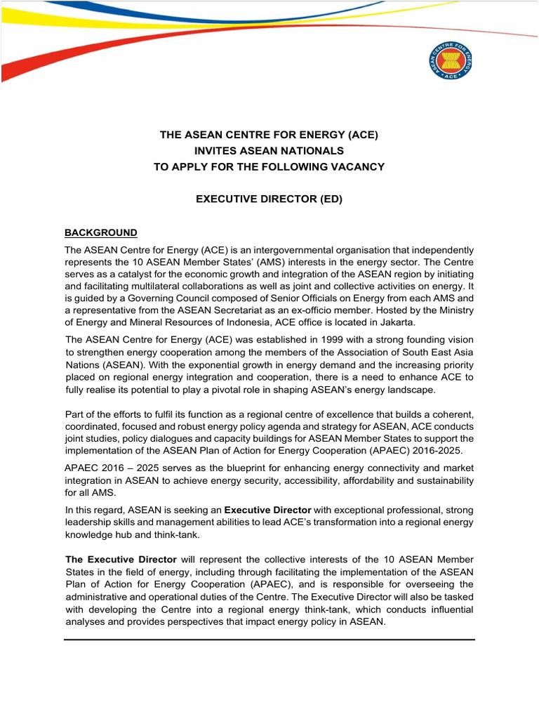 Vacancy Advertisement of ACE Executive Director 2024 | PDF