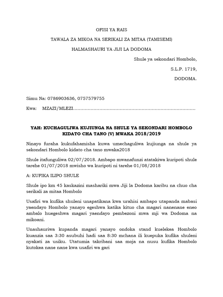 Hombolo Secondary School Joining Instruction | PDF