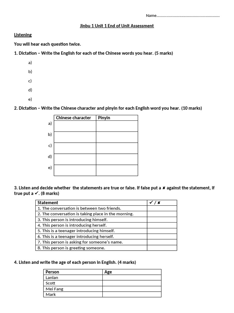 Jinbu Chapter 1 - End of Chapter Assessment (Teacher Copy) (MS WORD) | PDF