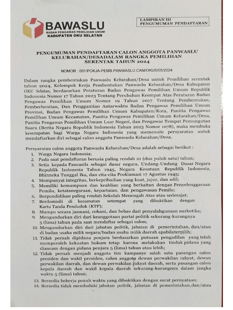 Pengumuman Pendaftaran Calon Anggota PKD | PDF