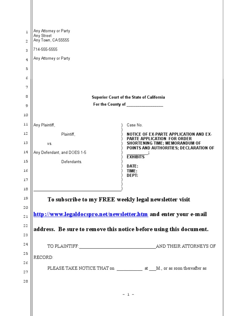 Sample Ex-Parte Motion To Shorten Time For Hearing in California | PDF ...
