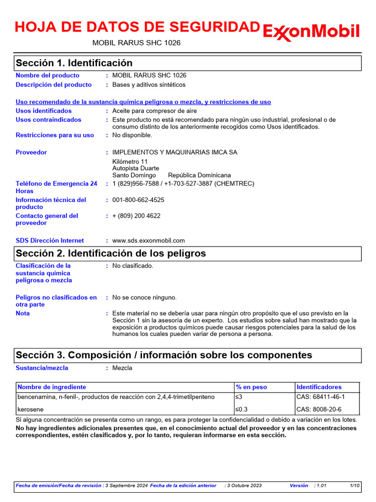 Hoja de Seguridad: Mobil Rarus SHC 1026 | PDF | Agua | Residuos