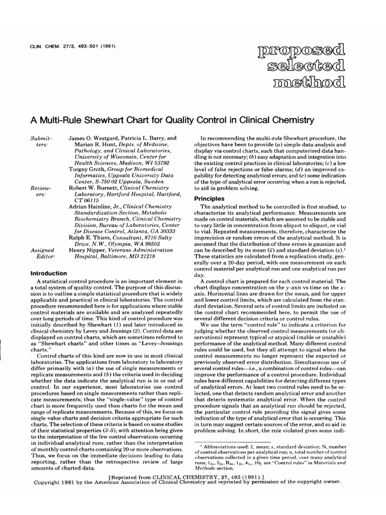 A Multi Rule Shewhart Chart For Quality Control in Clinical Chemistry | PDF